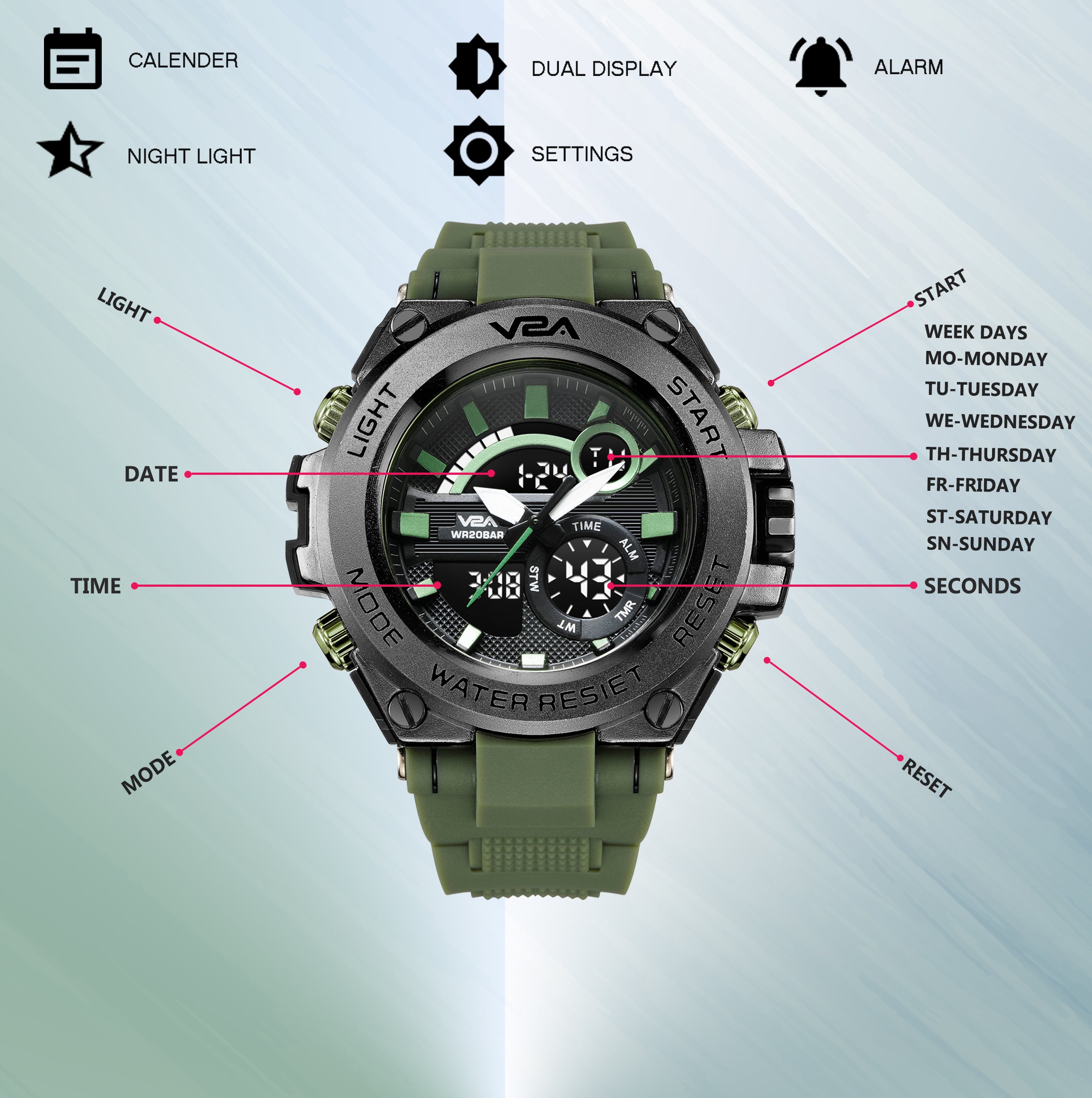 V2A Green Chronograph Analogue And Digital Sports Watch For Men and Bo ...
