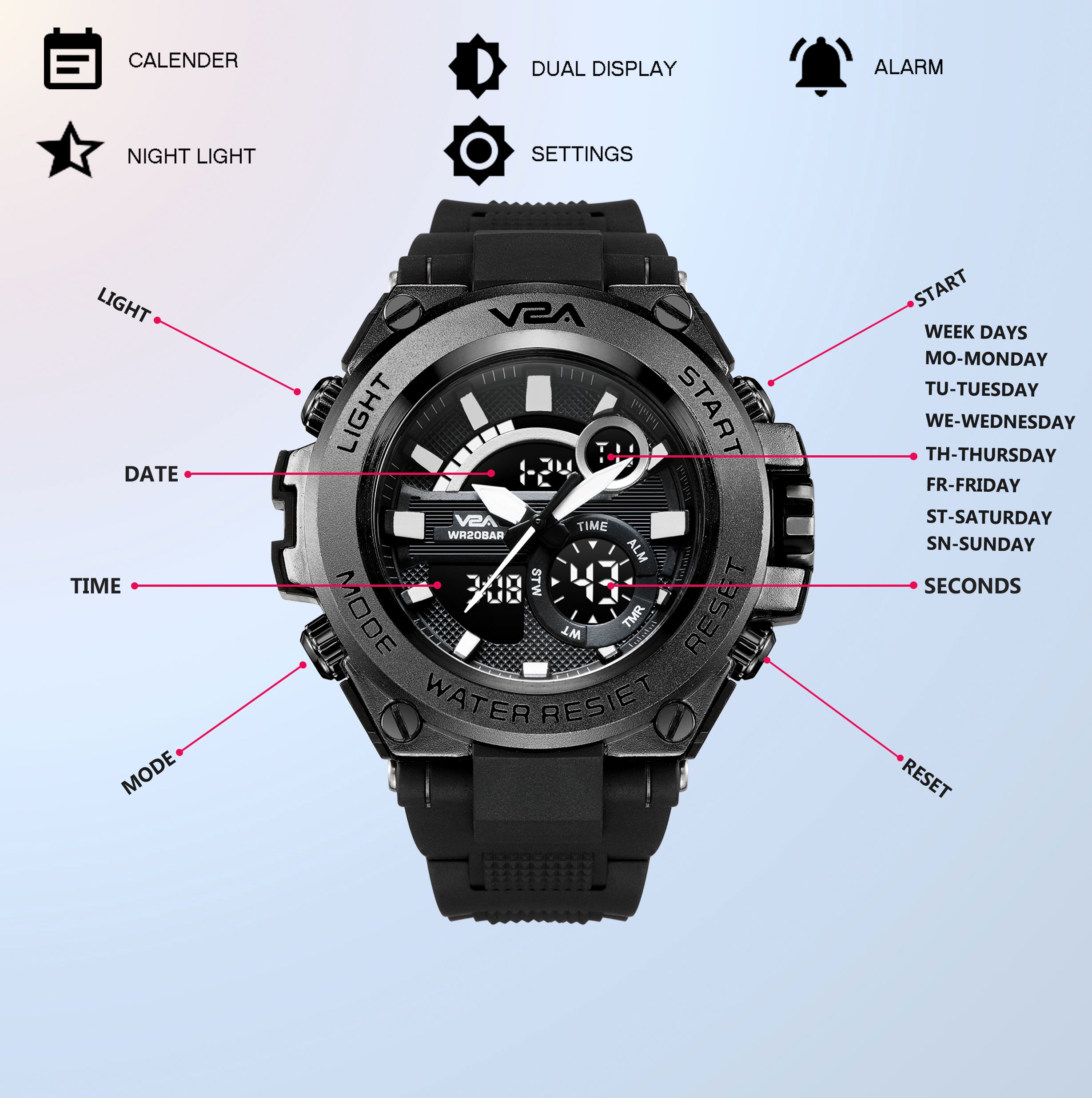 V2A Chronograph Analogue And Digital Sports Watch For Men and Boys ...